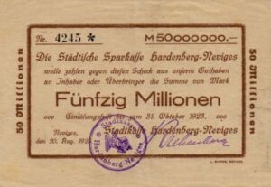 Banknote: 50 Millionen Mark (Rheinland(Hardenberg-Neviges) Kel:2215m