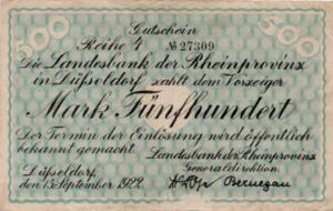 Banknote: 500 Mark (Rheinland(Düsseldorf) Mül:4-1205.1a