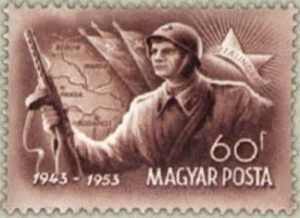 Stamp: Battle of Stalingrad: Soviet infantryman, map and flag (Hungary ...