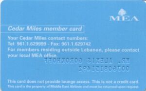 Tarjeta Funcional: MEA - Cedar Miles (Airlines, Líbano(Middle East ...
