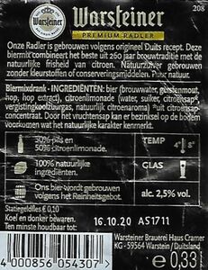 Drink Label: Warsteiner Radler (Warsteiner Brauerei Haus Cramer KG ...