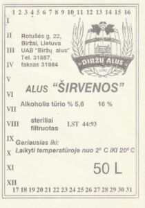 Drink Label: Sirvenos alus (Birzai - UAB “Biržų alus”, LithuaniaCol:LT ...