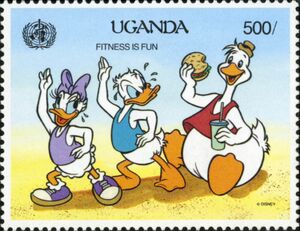 Stamp: Donald Duck, Daisy Duck, Gus Goose exercising (Uganda(Disney - W ...