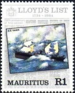 Stamp: Steamship "Taher" (Mauritius(Llloyd's List Issue) Mi:MU 584,Sn ...