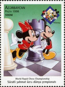 Stamp: Mickey and Minnie Mouse with Pawn and Rook (Azerbaijan(World Rapid Chess Championship ...