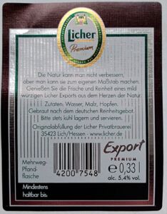 Drink Label: Licher Export (Licher Privatbrauerei Ihring-Melchior GmbH ...