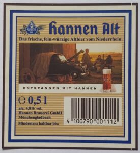 Drink Label: Hannen Alt (Hannen Brauerei GmbH, Germany, Federal ...