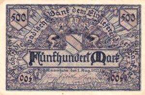Banknote: 500 Mark (German States) (Badische Bank-Bank of Baden) Wor:P ...