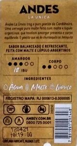 Drink Label: Andes La Única da Cordilheira (Ambev S.A F. Nova Rio ...