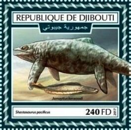 Stamp: Shastasaurus pacificus, Jamoytius kerwoodi (Djibouti(Prehistoric ...