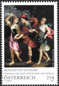 Stamp: "Theseus and the Daughters of Minos", by Benedetto Gennari ...