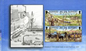 Stamp: Alderney's first steam train at new harbour, 1852 (Alderney ...