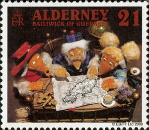 Stamp: Wombles around map of Alderney (Alderney(A Wombling Holiday) Mi ...