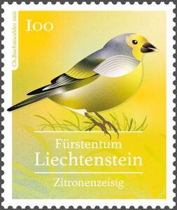 Stamp: Citril Finch (Carduelis citrinella) (Liechtenstein(Songbirds ...