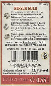 Drink Label: Hirsch Gold (Hirsch-Brauerei Honer GmbH & Co., Germany ...