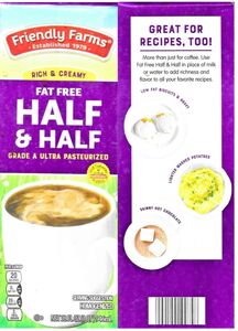 Food Label: Friendly Farms Fat Free Half & Half (ALDI, Inc, United ...