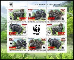 切手: Western Lowland Gorilla (Gorilla gorilla gorilla) Red Ovpt. (中央アフリカ共和国(WWF - Overprint in ...