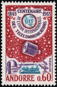 Stamp: ITU emblem, satellite, ground station, telegraph key (Andorra ...