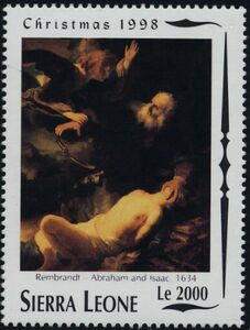 Марка: Abraham and Isaac by Rembrandt (Сьерра-Леоне(Christmas 1998) Mi ...