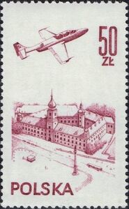 Briefmarke: "TS-11 Iskra" training jet over the Royal Castle in Warsaw ...