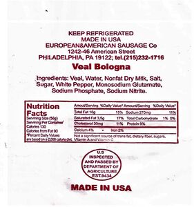 Food Label: Veal Bologna (European & American Sausage Corp., United ...