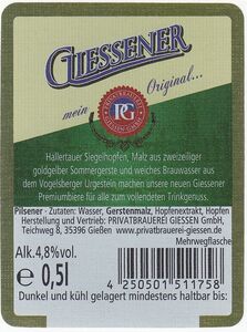 Drink Label: Giessener Pilsener (Gießener Brauerei, Germany, Federal ...
