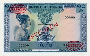 Banknote: 10 Kip (Laos) (1962-1963 Issue) Wor:P-10s.2