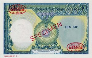 Banknote: 10 Kip (Laos) (1962-1963 Issue) Wor:P-10s.2