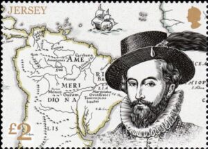 Stamp: Sir Walter Raleigh & Map (Jersey(Sir Walter Raleigh, Governor of ...
