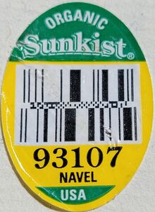 Fruit Sticker: Sunkist Organic Navel 93107 (United States of AmericaCol ...