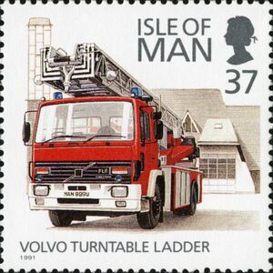 Stamp: Volvo turntable ladder, Douglas, 1989 (Isle of Man(Firebrigade ...