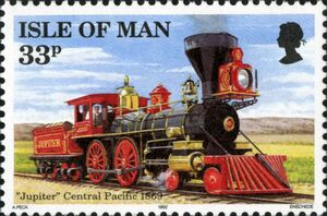 Stamp: Central Pacific locomotive "Jupiter", 1869 (Isle of Man ...