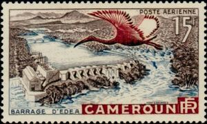 Stamp: Sacred Ibis (Threskiornis aethiopicus) over Edea Dam (Cameroon ...