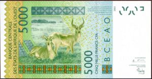 Banknote: 5,000 Francs CFA (West African States) (D for Mali) Wor:P-417 Da