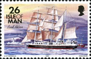 Stamp: "Lord Nelson" (cadet barque, 1985) and Langness Lighthouse (Isle ...