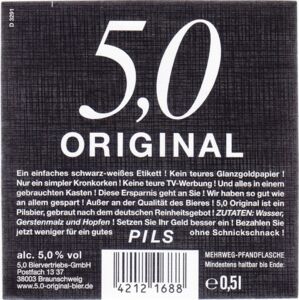 Drink Label: 5,0 Original Pils (Feldschlößchen Brauerei AG Braunschweig ...