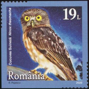 Stamp: Papuan Boobook (Ninox theomacha) (Romania(Owls (2020)) Mi:RO ...