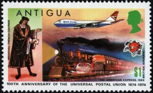 Stamp: Medieval Courier, American Express Train and Airliner (Antigua ...