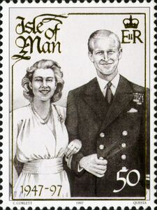 Stamp: Engagement of Princess Elizabeth & Philip Mountbatten, 1947 (Isle of Man(Golden Wedding ...