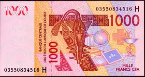 Banknote: 1,000 Francs CFA (Westafrikanische Staaten(H for Niger) Wor:P ...