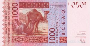 Banknote: 1,000 Francs CFA (West African States(K for Senegal) Wor:P-715 Ka