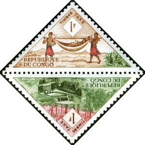 Stamp: Palanquin (hammock) bearers; "Land Rover" car (Congo, Republic ...