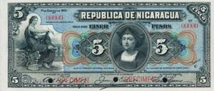 Billete de Banco: 5 Pesos (Nicaragua(1911 Issue (Dated 1910)) Wor:P-45s