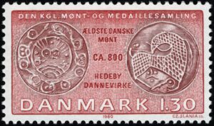 Stamp: Drawing af the oldest Danish coin, Hedeby (c.800) (Denmark(Coins ...