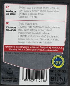 Drink Label: Budweiser Budvar Svetle vycepni B:CLASSIC (Budweiser ...