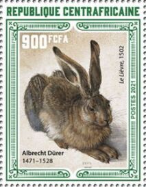 Stamp: "The Hare" (1502), by Albrecht Dürer (Central African Republic ...