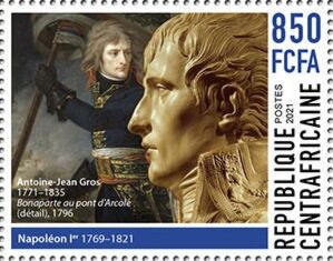 Stamp: "Bonaparte at the Pont d'Arcole" (detail), by A.-J. Gros ...