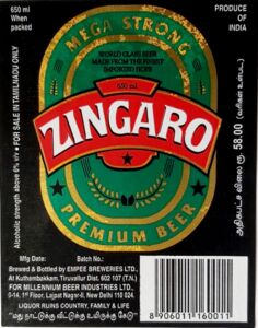 Drink Label: Zingaro Premium Beer Mega Strong (United Breweries Group ...