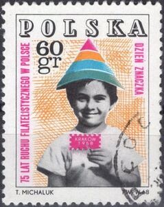Stamp: Child holding symbolic stamp (Poland(75 Years of Polish ...