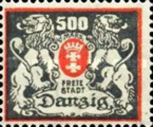Stamp: The coat of arms of Danzig with lions (Free City of Danzig ...
